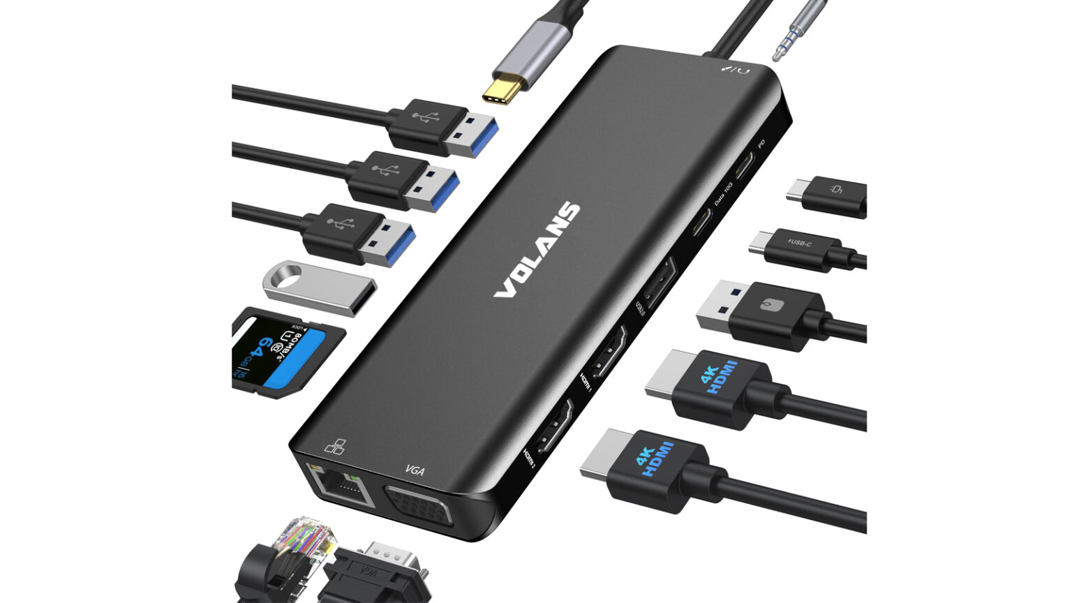 VOLANS VL-UCTDMH-S Aluminum 14-in-1 USB-C Hub with 100W PD - Volans