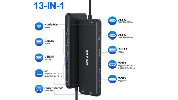 VOLANS VL-UCH2P Aluminum 13-in-1 Triple Display USB-C Hub with 100W PD ...